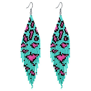 CALORVIA Boho Big Long Tassel Beaded Dangle Earrings Leopard Handmade Bohemian Large Statement Fringe for Women (Teal Green)