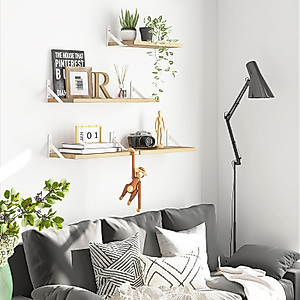 YGEOMER Floating Shelves for Wall, Natural Wood Wall Shelves Different Sizes, Wall Mounted Wood Shelf for Living Room, Bathroom, Bedroom, Kitchen, Home Decor (Set of 4)