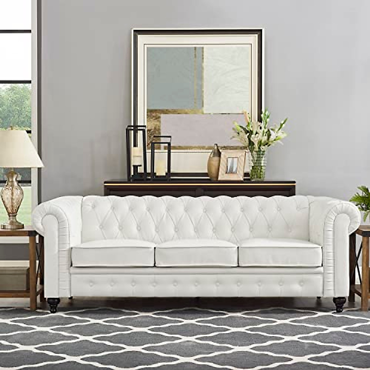 Naomi Home Emery Chesterfield Sofa with Rolled Arms, Tufted Cushions / 3 Seater Sectional Sofa Couch for Small Spaces, Living Room, Bedroom, Apartment Easy Tool-Free Assembly – White