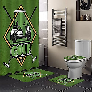 Wohnkutu 4Pcs Bathroom Shower Curtain Set, Balls Sports Theme Bathroom Accessory Shower Curtain Rugs Set, Golf Cart Golf Club Green Ball Field Non-Slip Bath Mat, Toilet Lid Cover, 72"x72"+Samll Set