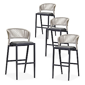PURPLE LEAF Bar Stool Set of 4 Outdoor Rattan Bar Chair Aluminum Bar Height Stool Barstool Dark Grey