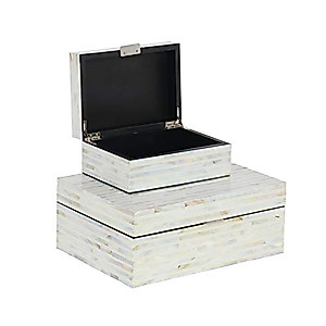 Deco 79 Mother of Pearl Handmade Box with Hinged Lid, Set of 2 12", 8"W, White