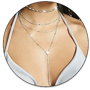 Zehope Layered Y Necklace Silver Rhinestone Necklaces Sparkly Long Elegant Necklace for Women