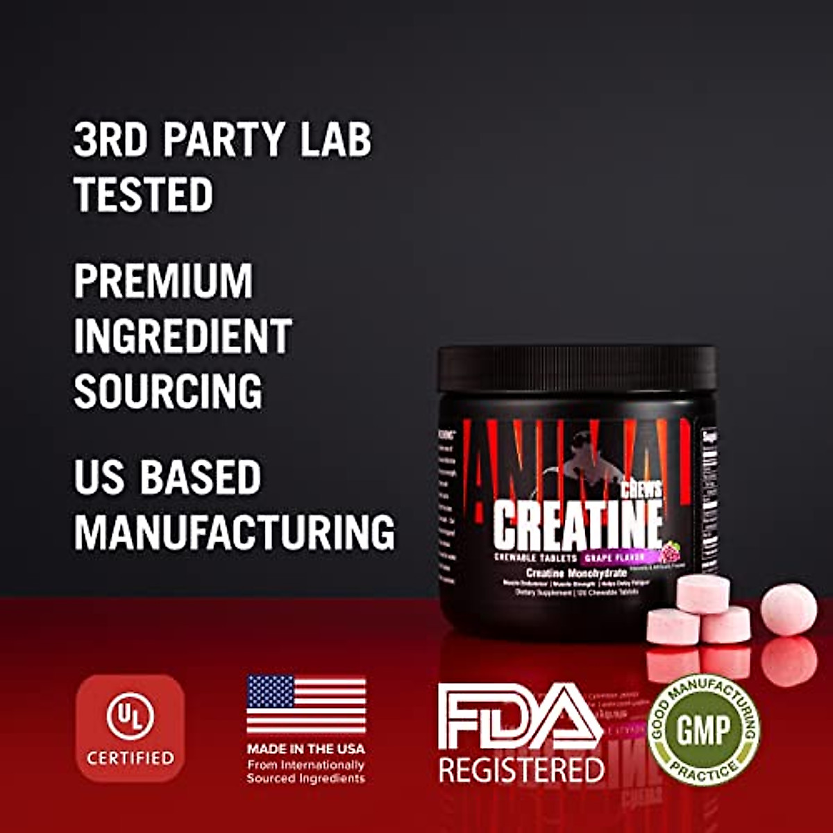 Animal Creatine Chews Tablets - Enhanced Creatine Monohydrate with AstraGin to Improve Absorption, Sea Salt for Added Pumps, Delicious and Convenient Chewable Tablets - Grape