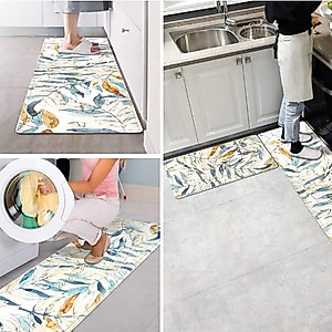 Kitchen Rug Set, LEEVAN Kitchen Floor Mats 2 Piece PVC Leather Anti Fatigue Comfort Heavy Duty Waterproof Oil Proof Non-Skid Rubber Back Washable Doormat Bathroom Area Rug(17" X 29"+17" X 59", Leaves)
