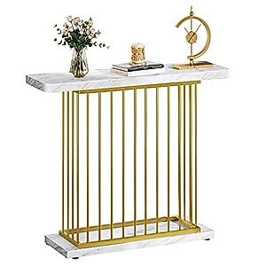 YITAHOME Gold Console Table, Modern Entryway Table with Gold Base, 40 inch Entryway Narrow Sofa Table for Entrance, Living Room, Hallway, Entryway, Faux Marble White