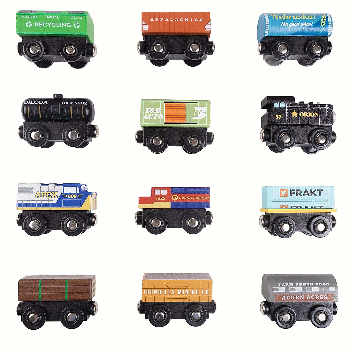 Playtime Express Train Set | 12-Piece Wooden Train Box | Includes Unique Custom Designs and Classics: Recycling Transport, Timber Train, Wheat Car, Coal Train, Oil Tanker, and More