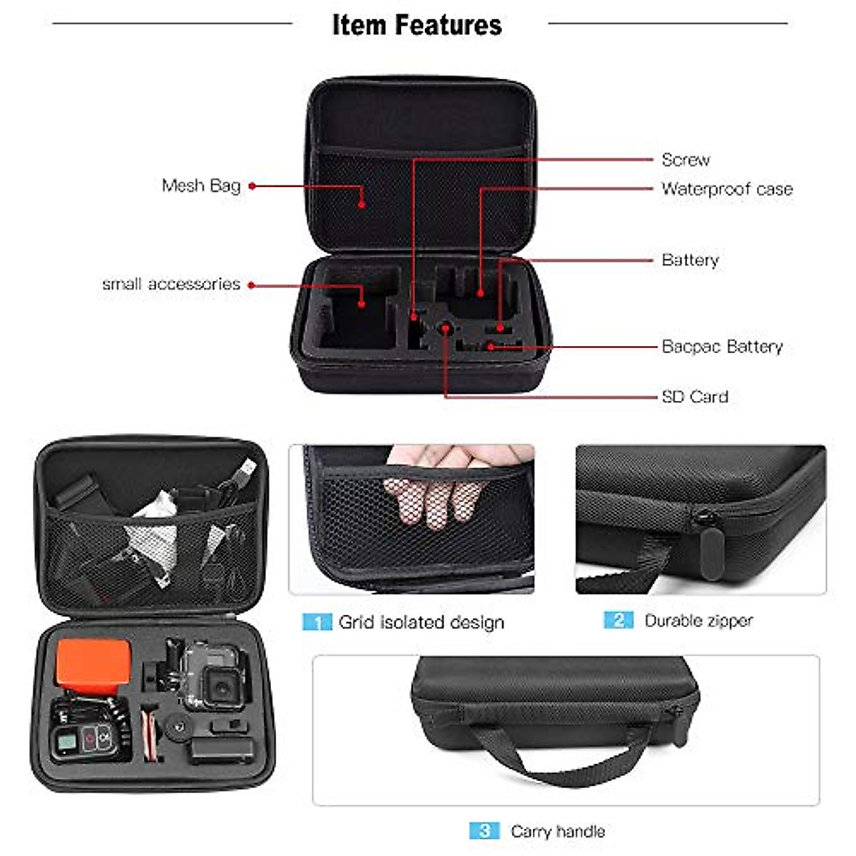 TEKCAM Action Camera Carrying Case Protective Storage Bag Compatible with Gopro Hero 11 10 9 8 7/AKASO EK7000/Brave 4/Brave 7 LE/Brave 8/APEMAN/Campark/Crosstour/Dragon Touch Action Camera (Medium)