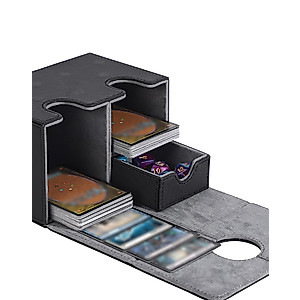 ZLCA Card Deck Box with Dice Tray for MTG Cards, 200+ Card Storage Box Fits for TCG CCG, PU Leather Strong Magnet Collectible Card Case (Black)