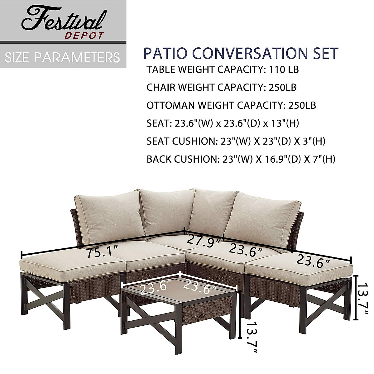 Festival Depot 6 Pieces Patio Outdoor Furniture Conversation Set Sectional Corner Sofa with All-Weather Brown PE Wicker Back Chair, Coffee Table, Ottoman and Thick Soft Removable Couch Cushions
