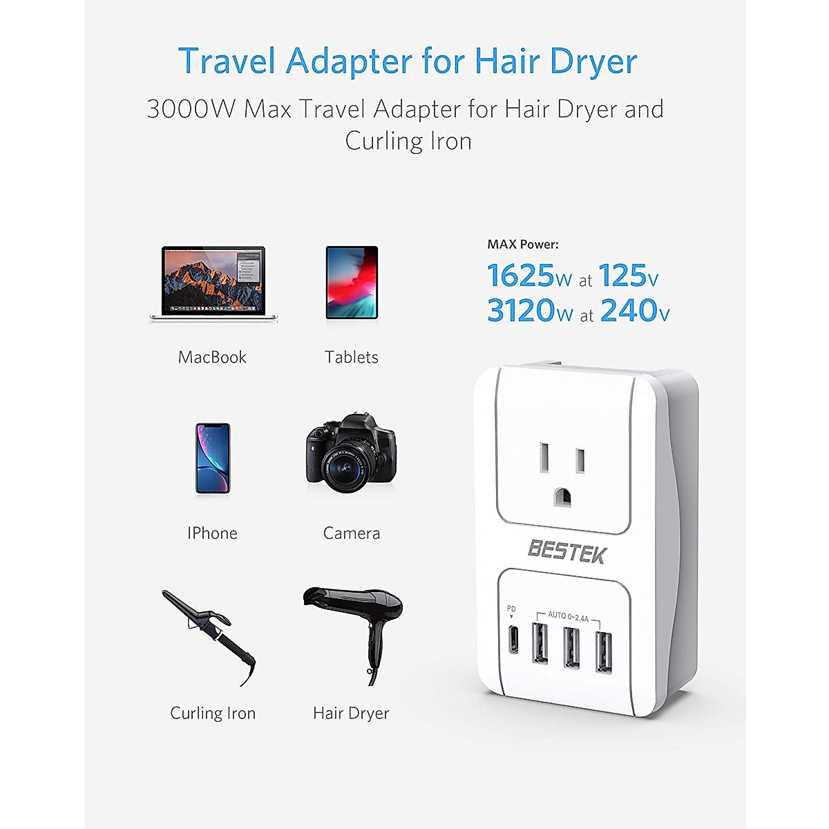 BESTEK International Travel Adapter, 3000W Converter Travel Adapter for Hair Dryer, Curling Iron USB Travel Wall Charger with Worldwide Wall Plugs for US, UK, AU, EU and Asia (PD30W,1004, White)