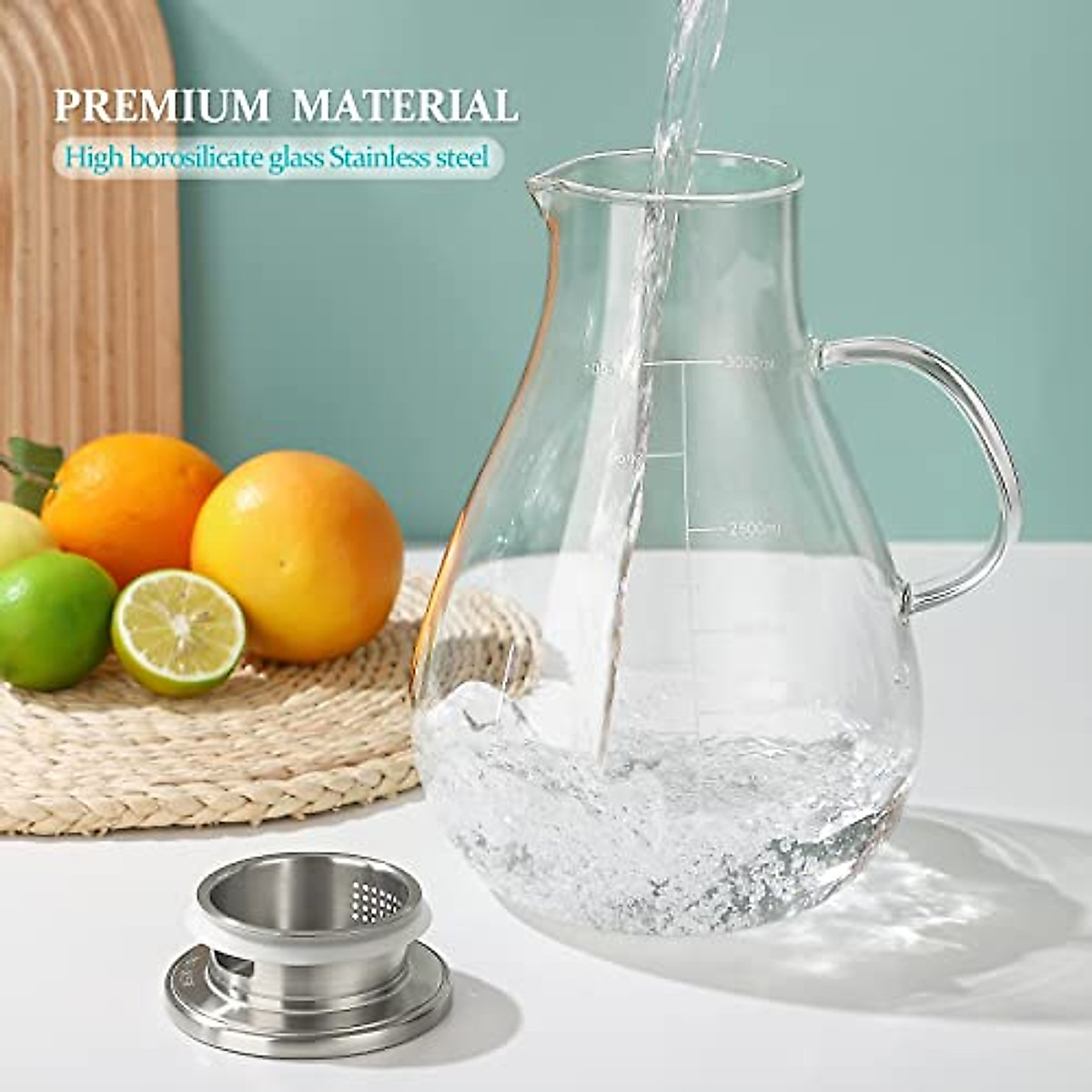 Glass Pitcher with Lid 1 Gallon Pitcher, 105.6oz Glass Water Pitcher with Precise Scale Line, The First Upgraded & Thicked Tea Pitcher 1 Gallon for Fridge, HOUSALE Easy to Clean Heat & Cold Resistant