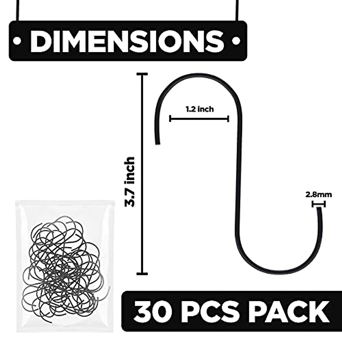 GREENITY Pack of 30 Black S Hooks for Hanging Clothes Heavy Duty Stainless Steel S Shaped Hooks for Hanging Clothes, Bags, Blankets, Pots, Plants, Garage Tools and Kitchen Utensils (3.7 Inches)