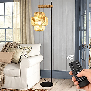 Stepeak Boho Floor Lamp with Remote, Farmhouse Dimmable Rattan Standing Lamp with Smart Blub, Bamboo Lampshade, App Control, Wood Black Tall Lamps for Living Room Bedroom Office, 9W LED Bulb Included