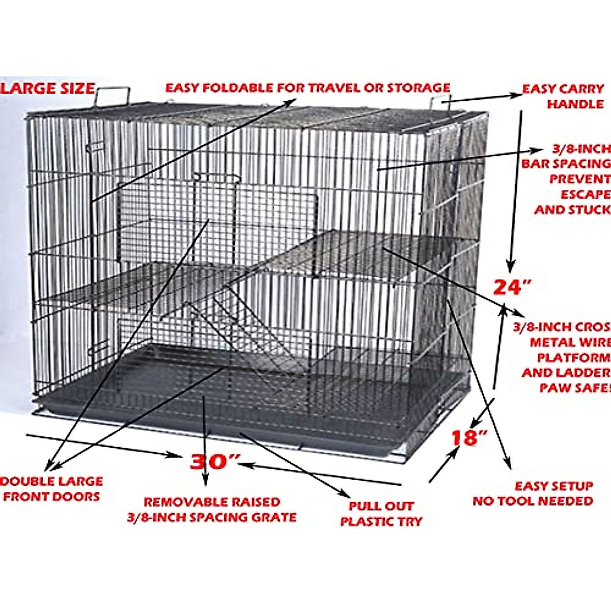 New Large 3 Levels Ferret Chinchilla Sugar Glider Rats Animal Cage, Narrow 3/8-Inch Bar Spacing (30" L x 18" W x 24" H White)