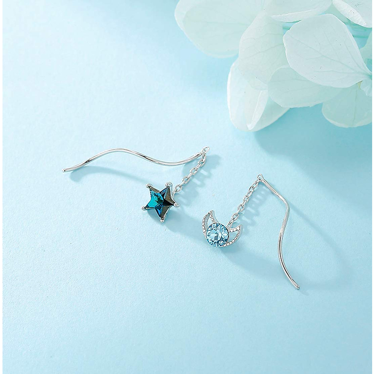 SLUYNZ 925 Sterling Silver Blue Crystal Star Moon Dangle Earrings Chain for Women Star Dangling Earrings Threader Tassel (A-Silver)