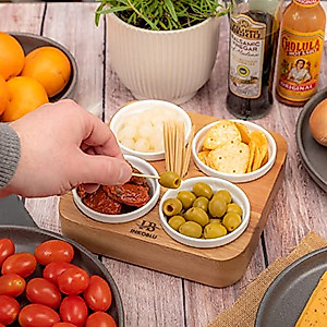 Ceramic Dipping Bowls Set of 4 with Tray and Spoons, Dip Bowls for Side Dishes, Chip and Dip Serving Set for Sauce, Condiment, Dessert, Salsa, Snacks, Acacia Wooden Board With Cocktail Stick Holder