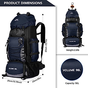 Waterproof Hiking Backpack 90L, Camping Backpack with Rain Cover, High Performance Hiking Mountaineering Backpack (deep blue)