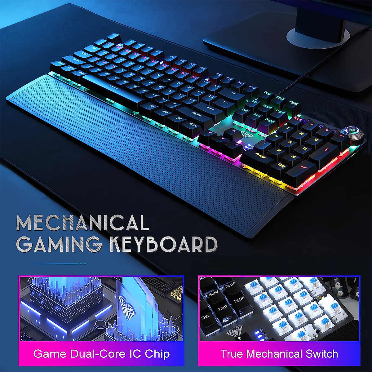 AULA Mechanical Gaming Keyboard Blue Switches,Rainbow LED Backlit,Ergonomic Wrist Rest,Aluminum Base,Full Size 108 Keys Anti-Ghosting,Macro Programmable Computer Keyboard Wired for PC Laptop