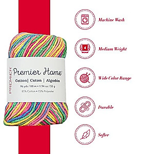 Premier Yarns Home Cotton Yarn, Ideal Knitting and Crochet Supplies, Made of Recycled Cotton, 96 yds, Rainbow