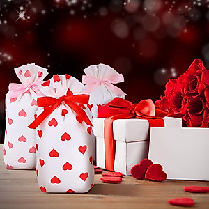 50 Pieces Treat Bags Valentines Day Cookie Goodies Bags Hearts Plastic Drawstring Candy Wrapping Bags for Wedding Party Bridal Engagement Favors, 5 Styles