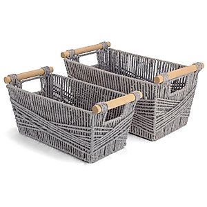 BROOKSTONE, [2 PIECE SET] Wicker Storage Basket with Crafted Wood Handles, Organization and Storage Container, Decorative Shelf Bin, Over the Toilet Paper Reserve, Suitable for Any Home Décor Style