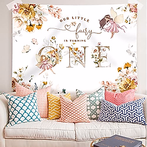 Rsuuinu Floral Fairy 1st Birthday Backdrop for Photography Flowers Fairy Tale Tea Wonderland Princess Girl Happy First Birthday Party Background Decoration Banner Supplies Photo Booth Props 7x5ft