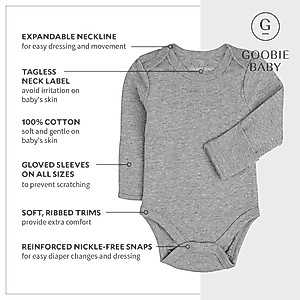 Goobie Baby Long Sleeve Classic Bodysuit Set with Fold-over Mitten Cuffs to Prevent Scratching, Soft 100% Cotton Onesie, Tagless Neck, 4 Pack (Gray, 3-6 Months)