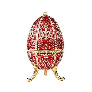 QIFU Vintage Red Faberge Egg Style Enameled Trinket Box Hinged, Unique Gift for Family(QF5825)
