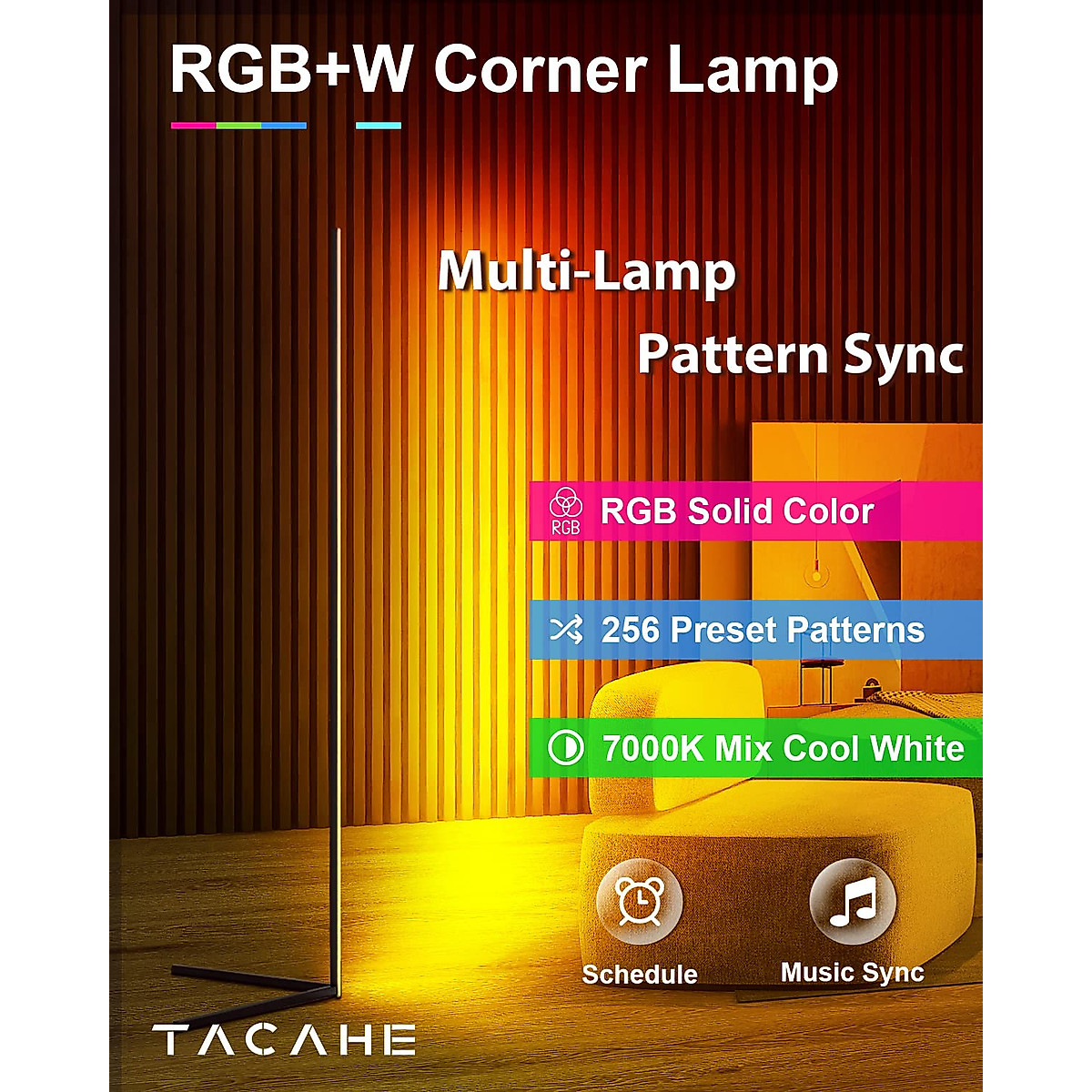 TACAHE Smart Corner Floor Lamp - Advanced Version, APP & Remote Control - Multi Lamp Pattern Sync - Transparent Lampshade with Ultra Brightness, Mood Light for Studio, Gaming Setup - 20W, Black