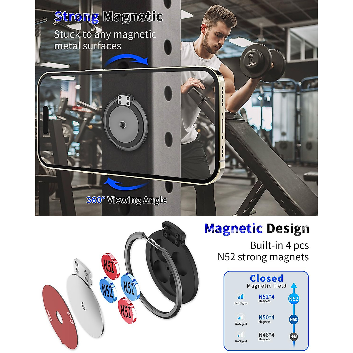 CHEEDAY Magnetic Phone Ring Grip, [4 Strong Magnets] Gym Finger Ring Holder 360° Rotation for Magnetic Car Mount, Metal Plate, Compatible with iPhone 15 14 13 12 Pro Max, All Smartphones, Black