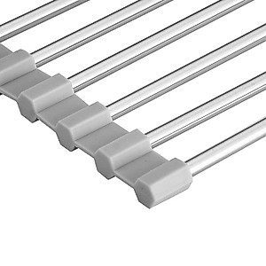 C CRYSTAL LEMON Food-Grade Silicone Drying Rack for Kitchen Sink Roll Up Dish Drying Rack Over The Sink Drying Rack 14.17 x 14.56 inch Silver Foldable Stainless Steel Wire Dishes Drying Rack