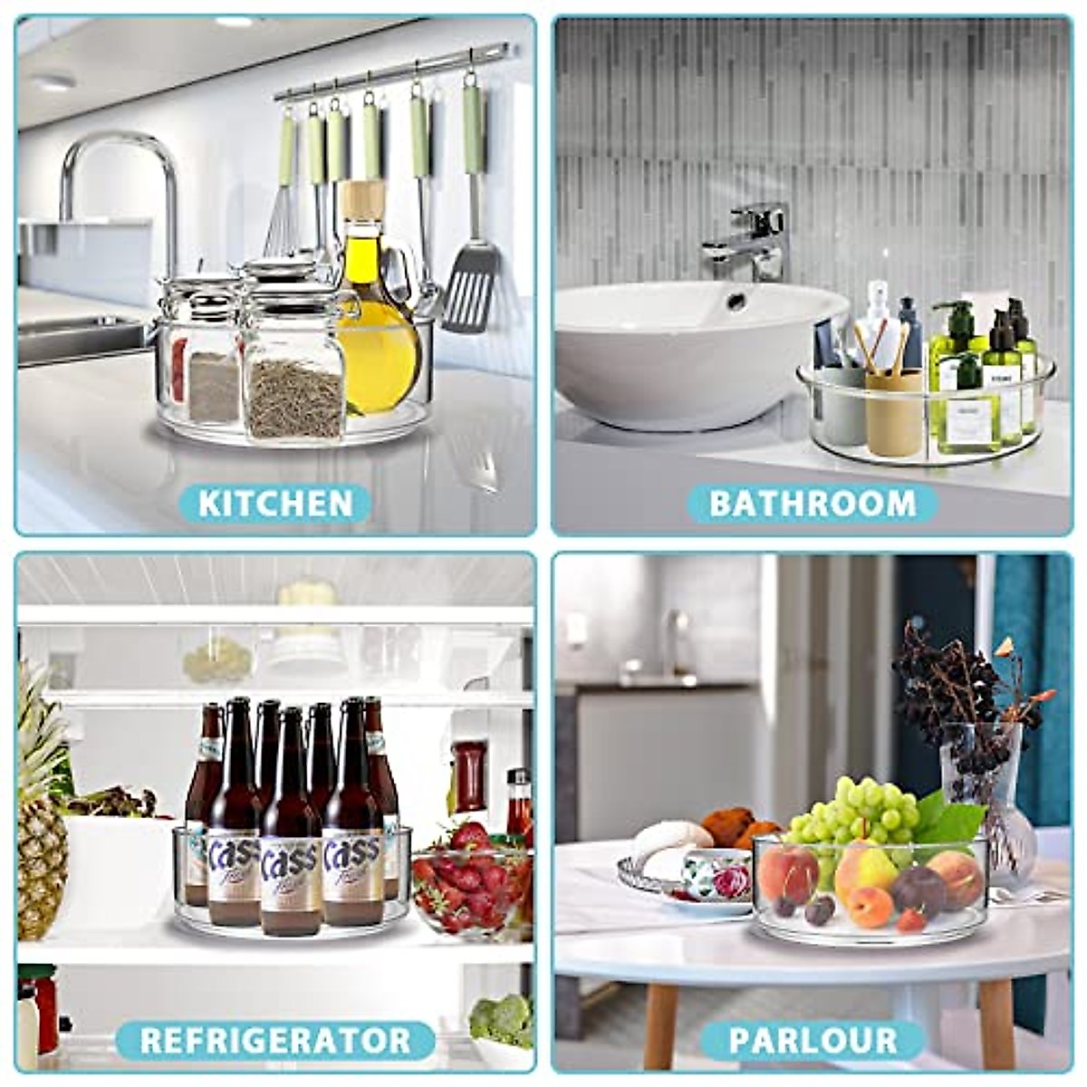 Lazy Susan Oragnizer,2 Pack Turntable Organizer,Fridge Organization,Non-Skid Spice Rack Organizer, Fruit Container, 360 Rotating Storage Container for Home Kitchen,Countertop,Cabinet,Fridge