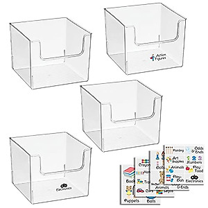 mDesign Deep Plastic Home Storage Organizer Bin - Container for Nursery, Kids Bedroom, Toy or Playroom - Open Front Design - 4 Bins + 24 Labels - Clear