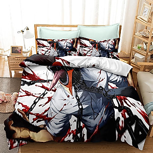 JewosS Chainsaw Man 3 Piece Bedding Set Printed Duvet Cover Set Printed Bed Comforter Cover Quilt Covers with Pillowcases for Your Own Bedroom No Quilt(Twin)