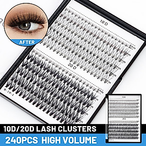 Bodermincer 10D 20D 240pcs Cluster Eyelash Extensions 8-9-10-11-12mm Mixed/ 10-11-12-13-14mm Mixed/12-13-14-15-16mm Mixed Eyelash Clusters Lash Extension Individual Lashes for Self Application