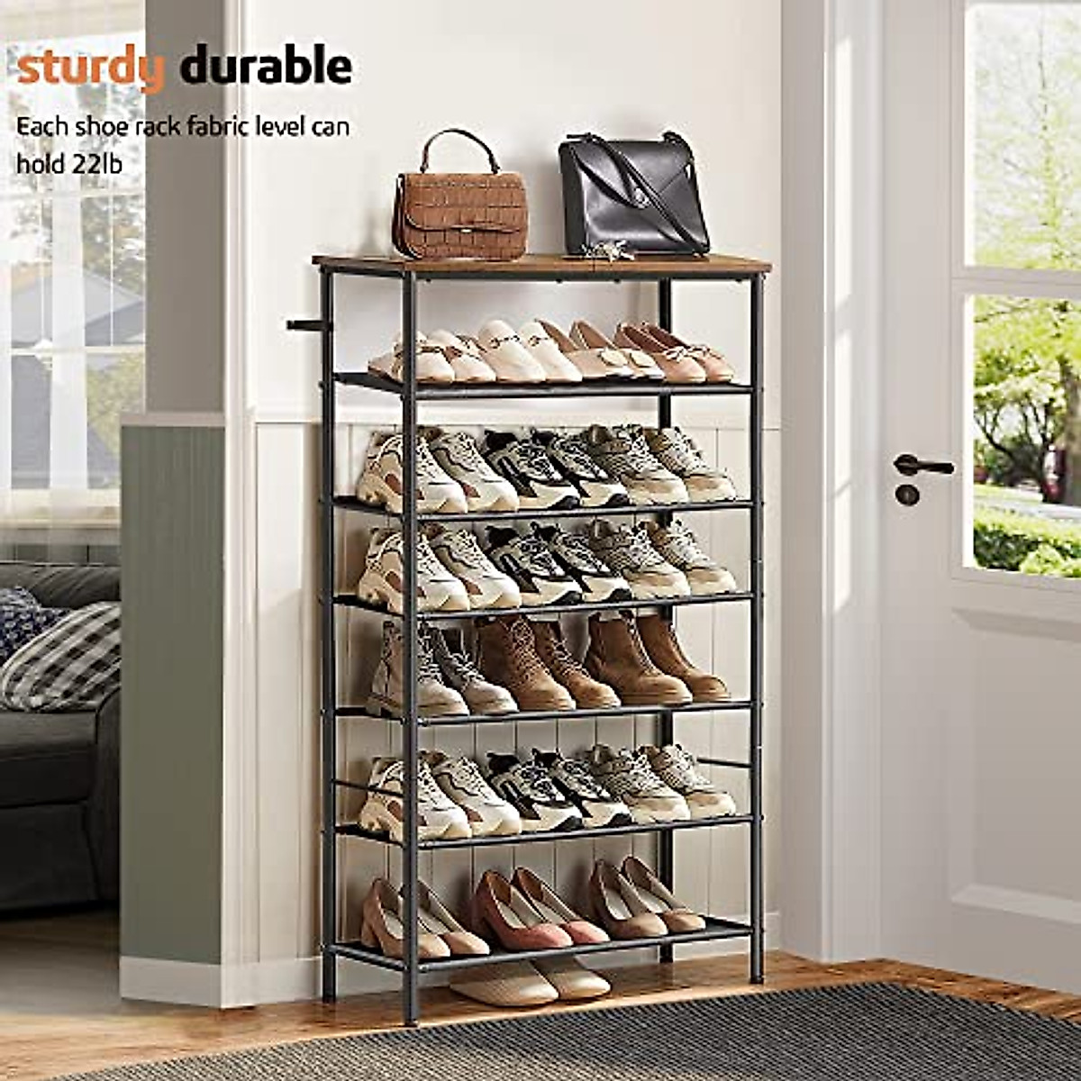 TUTOTAK Shoe Rack 7 Tier, Narrow Shoe Organizer for Closet Entryway, with 6 Fabric Shelves and Top for Bags, Shoe Shelf, Steel Frame, Industrial, Rustic Brown and Black SR01BB023