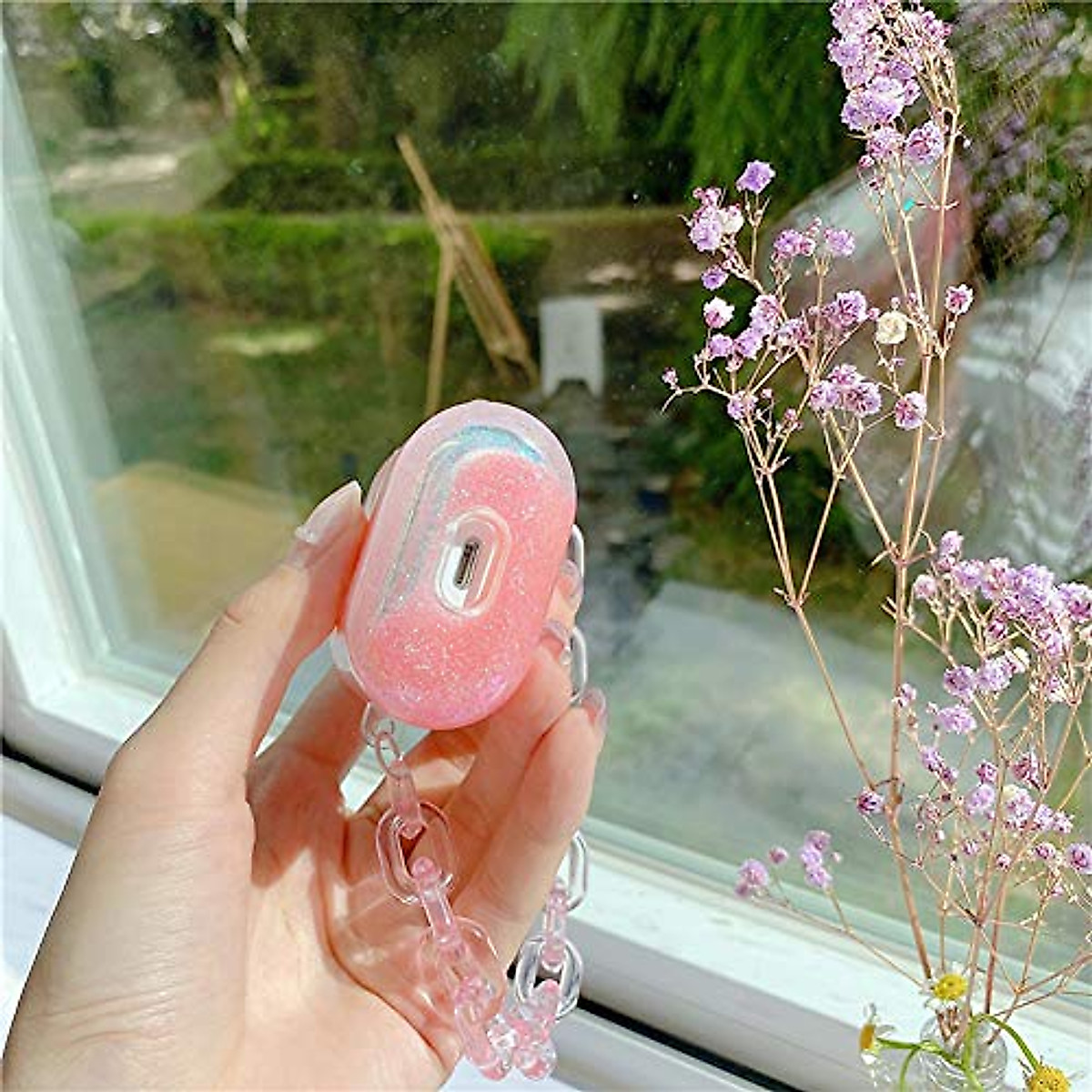 SGVAHY Cute AirPod Case for Apple AirPods 1&2 Kawaii Clear Liquid Sequins AirPod Case Cover Silicone Protective AirPod Case 1st 2nd Generation Wireless Charging Box with Color Chain (Bunny Peach)