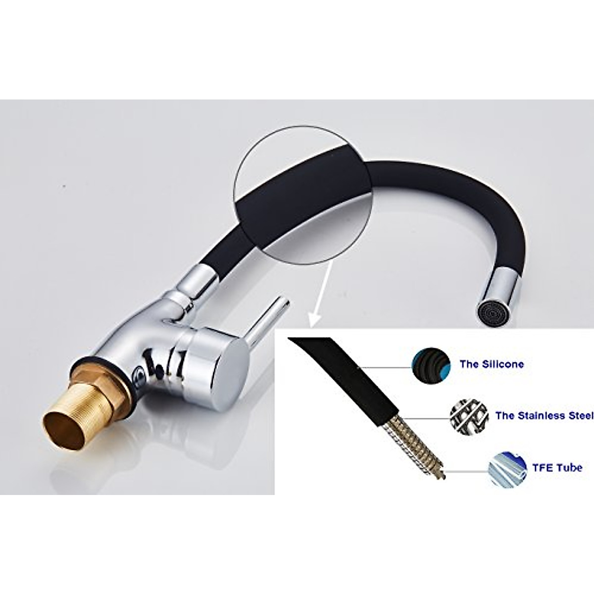 Chrome Finished Kitchen Faucet with Pull Down Sprayer Black Silicone Hose, for Bar