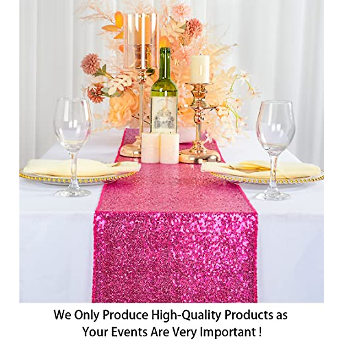 ShinyBeauty Hot Pink Table Runners Pack of 2 Sequin Table Runners 12inx108in Table Runners for Weddings Fuchsia Glitter Table Runner for Party Fall Dining Table Runner