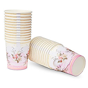 ROYAL BLUEBONNET Paper Tea Cup Set, 24 Disposable Teacups with Handles & Saucers, Floral Design for Hot & Cold Drinks, Tea Party Decorations, Tableware