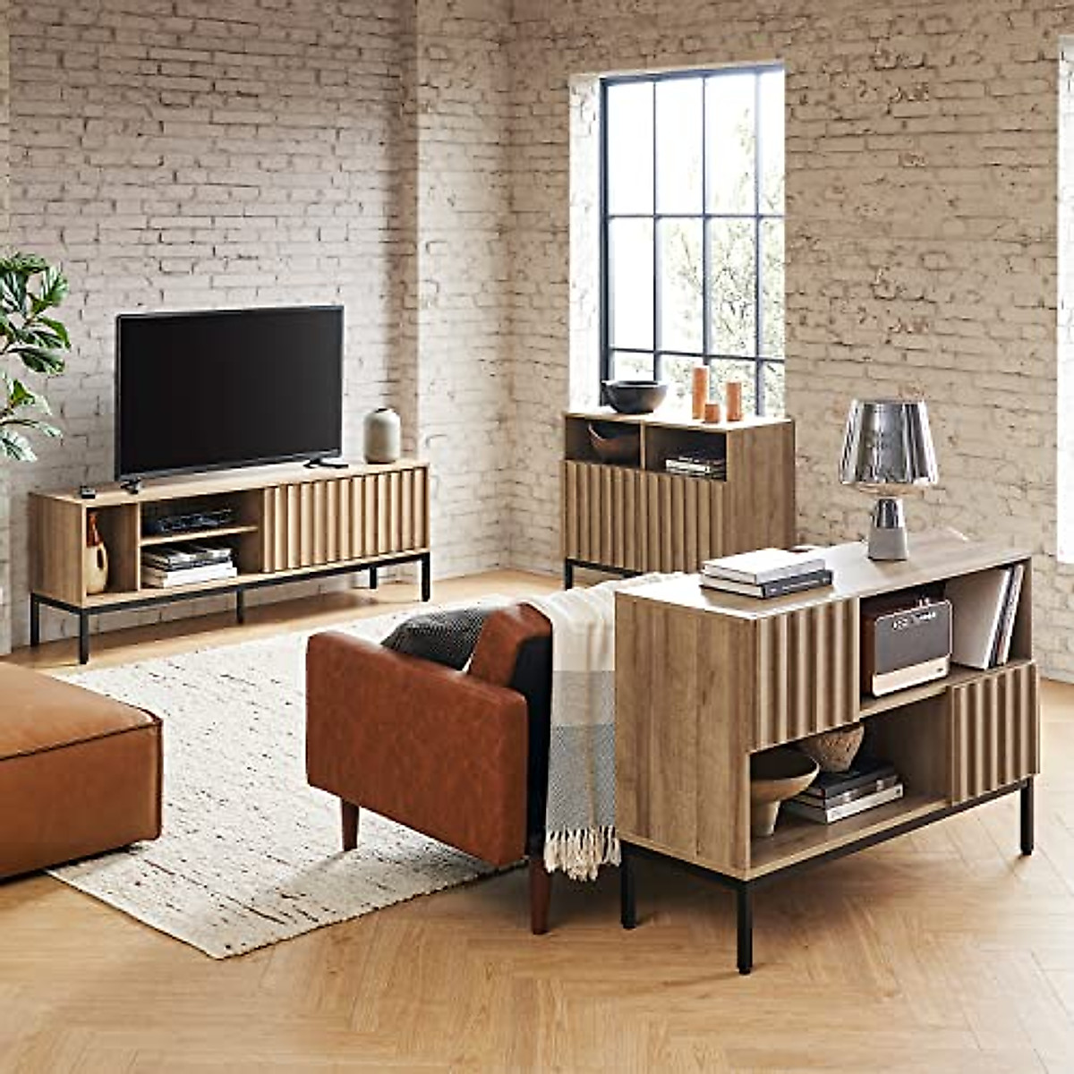 mopio Norwin Storage Cabinet, Modern Industrial Farmhouse Entryway Accent Buffet Cabinet, Sideboard, with Metal Legs, Storage Shelves, Fluted Panel Doors, & Leveler, for Living Room, Bedroom, Oak