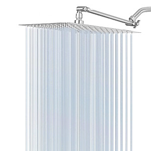 Rain Shower Head with 11’’ Adjustable Extension Arm, Large Stainless Steel High Flow Rainfall Square Shower head, Bath Shower Waterfall Full Body Coverage (12 Inch Showerhead with Arm, Chrome)