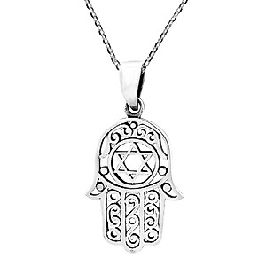 AeraVida Hamsa or Hand of God with the Star of David .925 Sterling Silver Pendant Necklace | Jewish Star of David in Hamsa Hand Pendant | Jewelry Gift