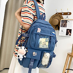 Yoaujeo Kawaii Backpack Lovely Pastel Rucksack for Teen Girls, Cute Aesthetic Bookbag for School with Kawaii Pin and Accessories (Blue)