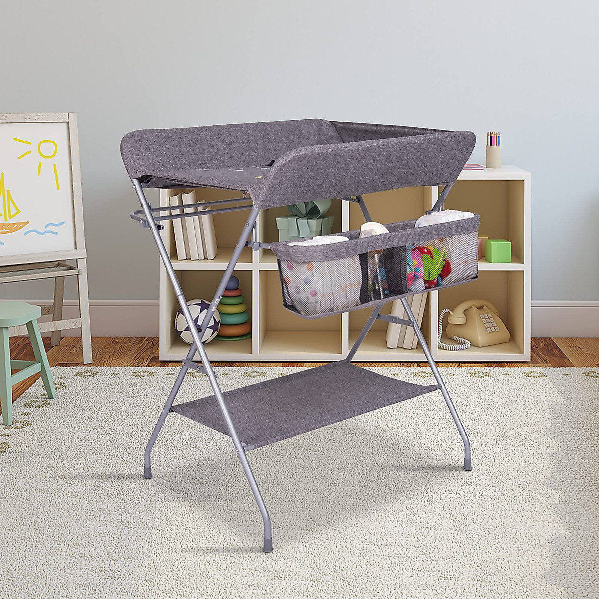 Baby Changing Table Nursing Station - Folding Diaper Table for Newborn Infant with Large Organizer Racks & Safety Belt, Grey