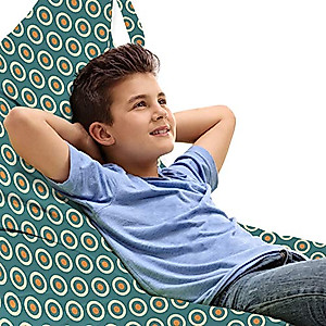 Lunarable Vintage Lounger Chair Bag, Orange Polka Dots in Circles on Blue Toned Background Classical Retro Style, High Capacity Storage with Handle Container, Lounger Size, Teal Cream Orange