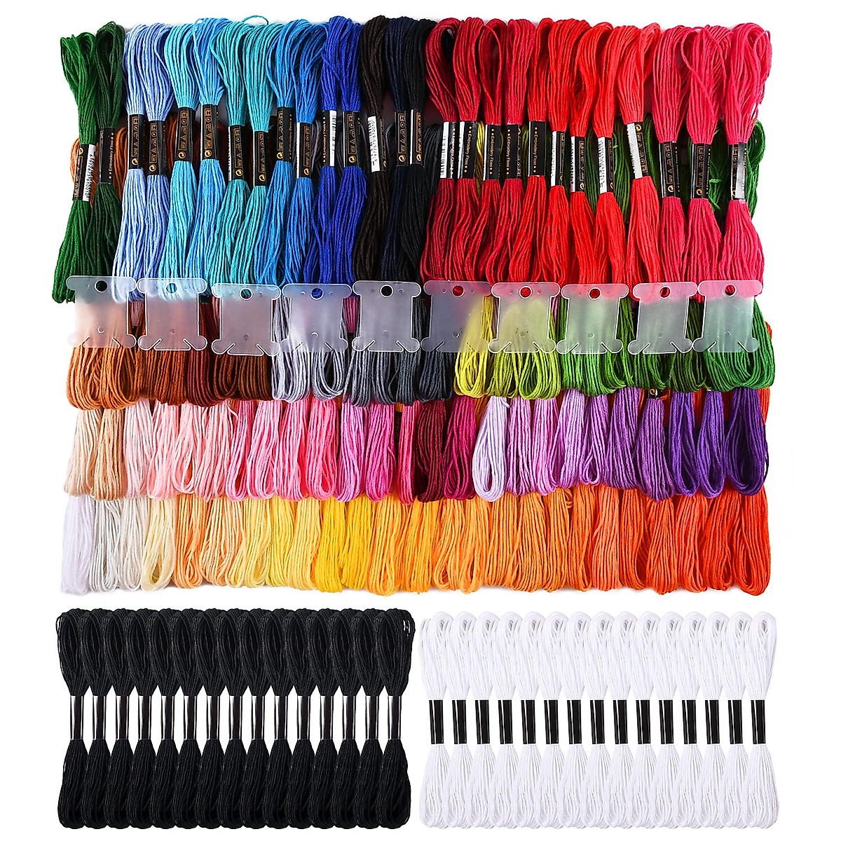 VICOVI Friendship Bracelet String Kits, 100 Colors Embroidery Floss and 15 Skeins White & 15 Skeins Black Color, 10 Pcs Plastic Floss Bobbins for Cross Stitch Threads Bracelet Yarn Craft Floss