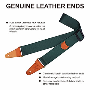 Nefelibata Guitar Strap, Nylon Full Grain Leather Ends Guitar Straps with Pick Pocket for Bass, Electric & Acoustic Guitar, Come with Free Strap Button, 1 Pair Strap Locks and 4 Guitar Picks(Green)