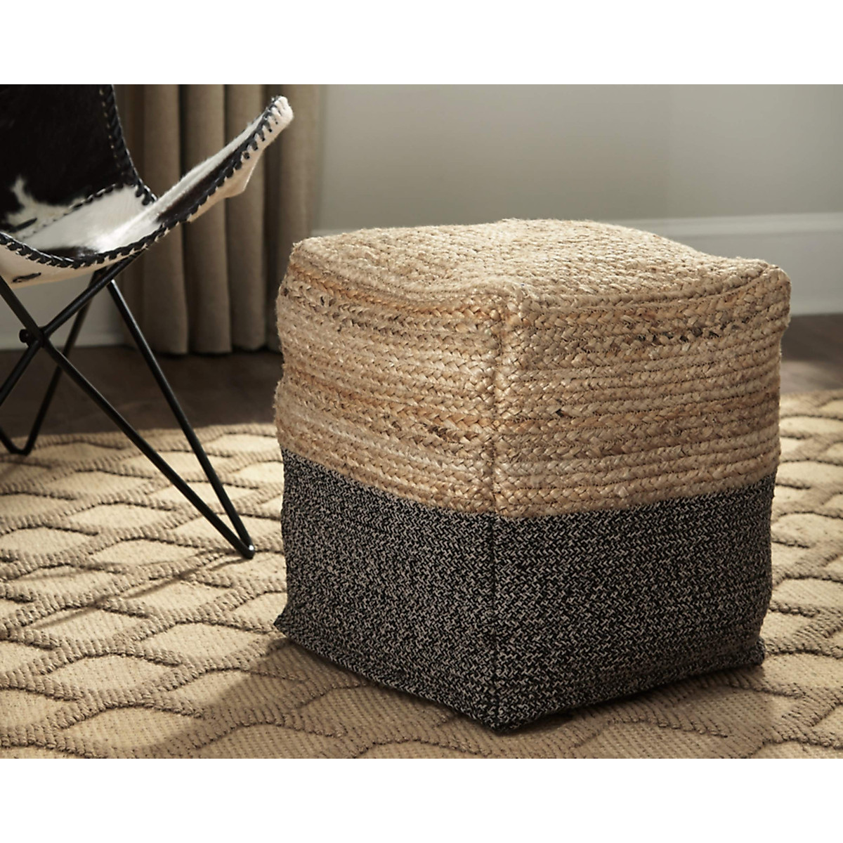 Signature Design by Ashley Sweed Valley Farmhouse Jute Braided Pouf, 17.5 x 20.25 inches, Natural & Black